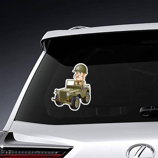 Cartoon Soldier Driving A Military Jeep Sticker