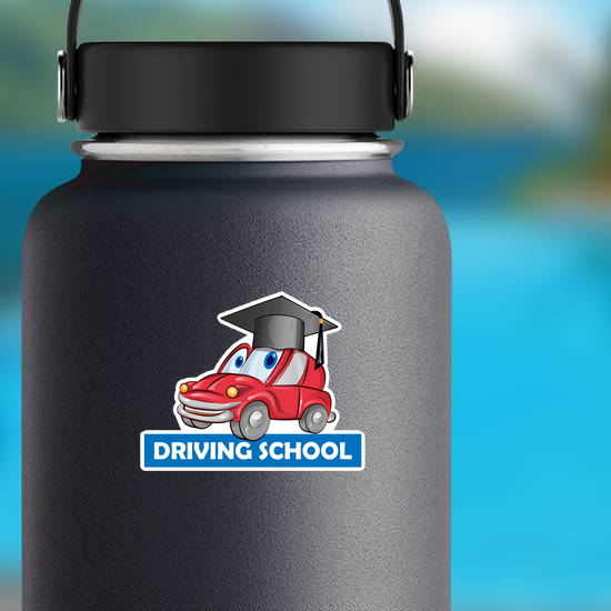 Driving School Car Cartoon Graduation Cap Sticker