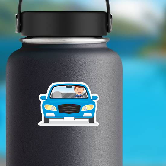 Young Man Driving Blue Car Sticker