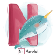 Watercolor Animal Alphabet N Narwhal Sticker